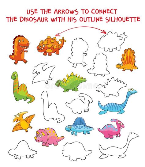 Connect Same Objects Use Arrows To Connect Dinosaur With His Outline Silhouette Stock Vector