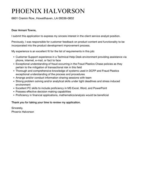 Client Service Analyst Cover Letter Velvet Jobs