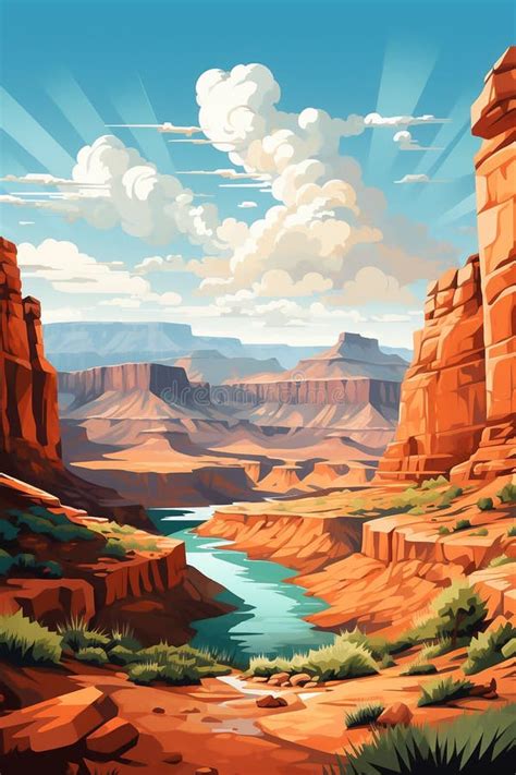 Retro Landscape Poster Traveling To Canyon Generative Ai Stock
