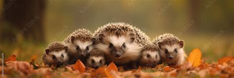 Niedliche Igelfamilie Vor Herbstlichem Naturhintergrund Mit Laub