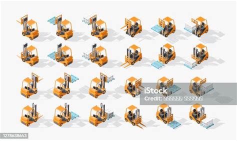 흰색 배경에 분리 된 팔레트와 상자가있는 등색 세트 지게차 트럭 포크 로더 물류 회사 창고 3d 화물 배달 인포그래픽 포크가 들어 올리고 낮아진 지게차 지게차에 대한 스톡