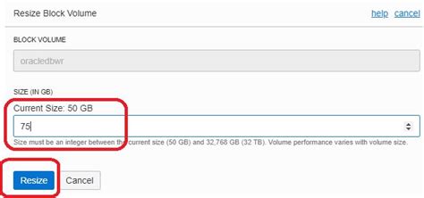 oracle gen2 cloud resizing a block volume using the console oracledbwr