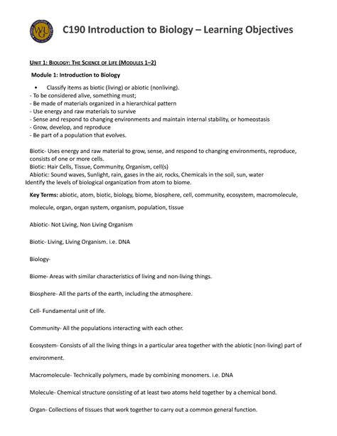 Bio Learning Objectives Terms UNIT BIOLOGY THE SCIENCE OF LIFE MODULES Module
