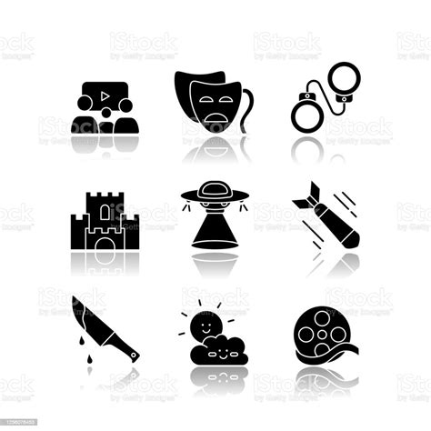 동영상 카테고리는 그림자 검정색 글림프 아이콘 세트를 삭제합니다 다른 영화 유형 인기있는 영화 장르 일반적인 영화 촬영 스타일 영화 제작 산업 공백에 격리된 벡터 그림입니다