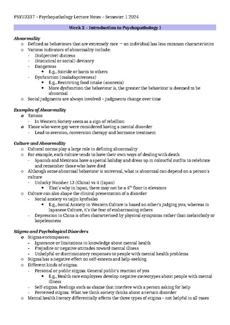 Psyu3337 Lecture Notes Psyu3337 Psychopathology Lecture Notes Semester 1 2024 Week 2