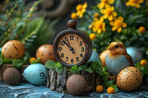 Small Clock On Tree Stump Generative Ai Stock Illustration