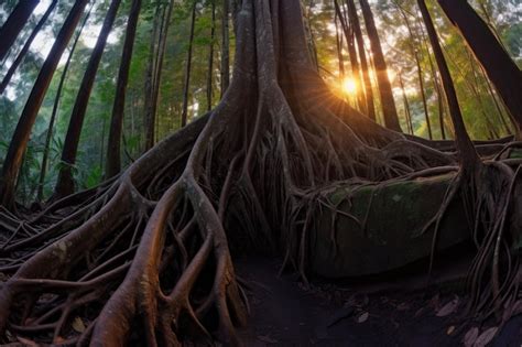 Premium AI Image Wideangle View Of Rainforest Tree Roots At Dawn Created With Generative Ai