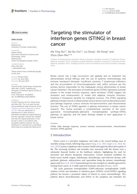 Pdf Targeting The Stimulator Of Interferon Genes Sting In Breast Cancer