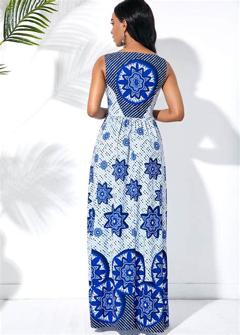 Round Neck Sleeveless Tribal Print Maxi Dress Rosewe USD