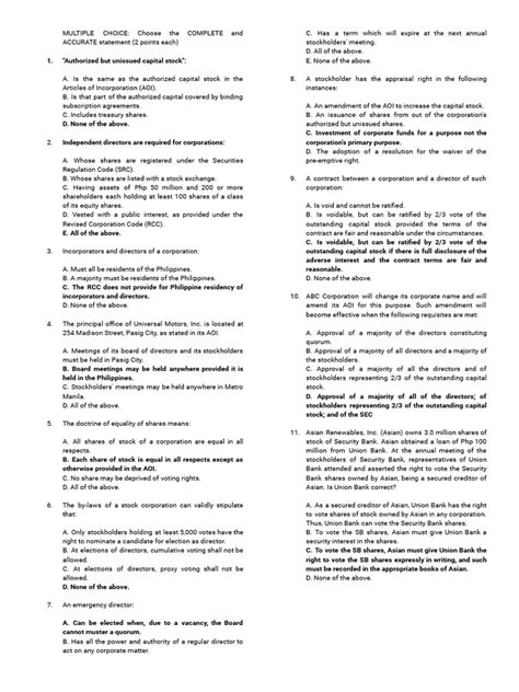 Multiple Choice Pdf Stocks Corporations