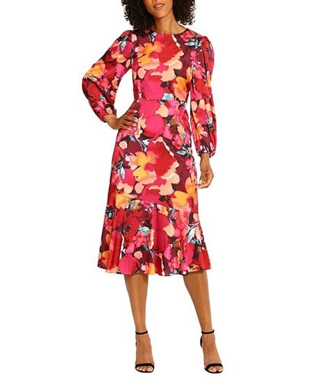 Maggy London Floral Print Crew Neck Long Sleeve Midi Dress Dillards