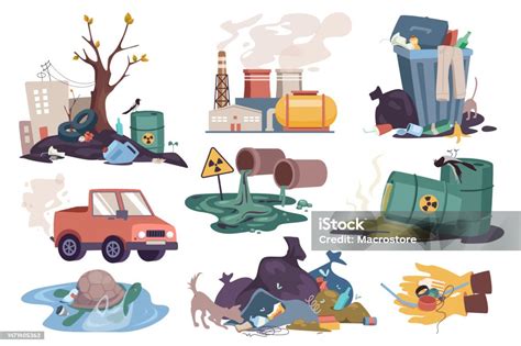 환경 오염은 평면 디자인의 그래픽 요소를 설정합니다 덤프 쓰레기 공장 배출물 쓰레기통 자동차 배기 가스 배럴의 독성 폐기물 및