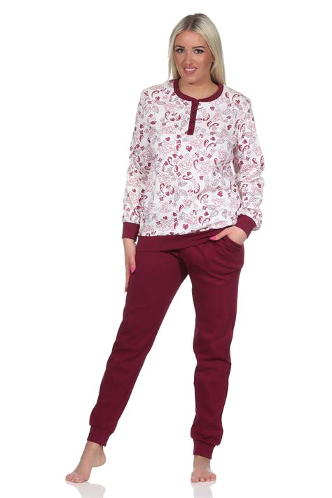 Edler Damen Interlock Schlafanzug Pyjama Lang Mit Bündchen Auch In