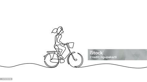자전거를 타는 소녀를 그리는 한 줄 자전거 시간과 사이클링은 행복하고 연속적인 손으로 그린 미니멀리스트 벡터 일러스트레이션 미니멀리즘입니다 낙서 드로잉에 대한 스톡 벡터