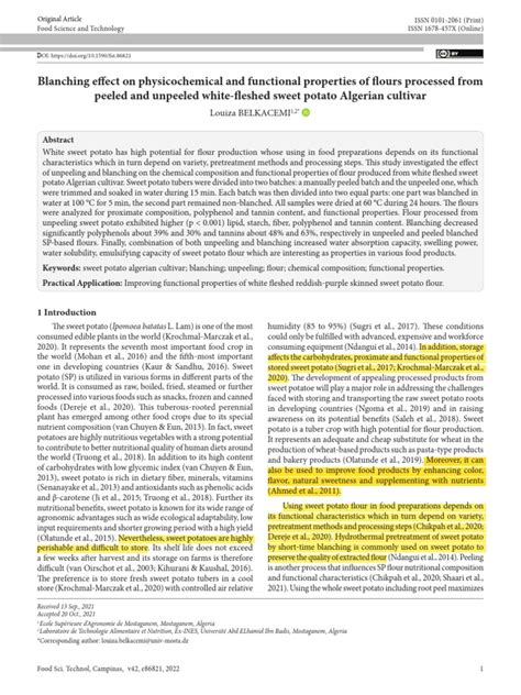Blanching Effect On Physicochemical And Functional Properties Of Flours Processed From Pdf