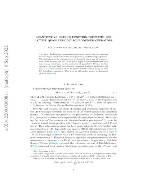 Pdf Quantitative Greens Function Estimates For Lattice Quasi Periodic Schr Odinger Operators