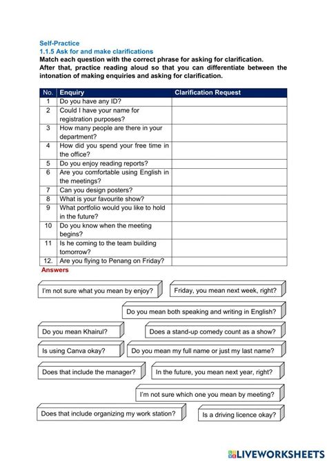 Asking For Clarification Worksheets