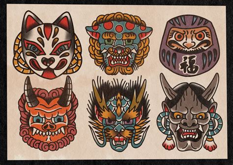 Japanese Mask Flash Tattoo By Vincent Penning