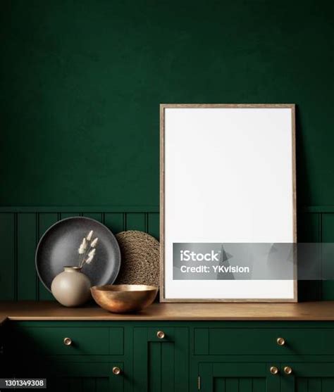장식과 빈 프레임 녹색 부엌 인테리어 3d 렌더링 그림 모의 인테리어 디자이너에 대한 스톡 사진 및 기타 이미지 인테리어