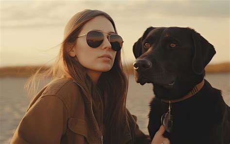 Premium Photo Young Woman With Her Retriever At The Beach