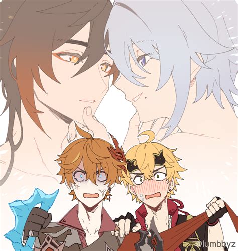 Zhongli Tartaglia Kamisato Ayato And Thoma Genshin Impact Drawn By