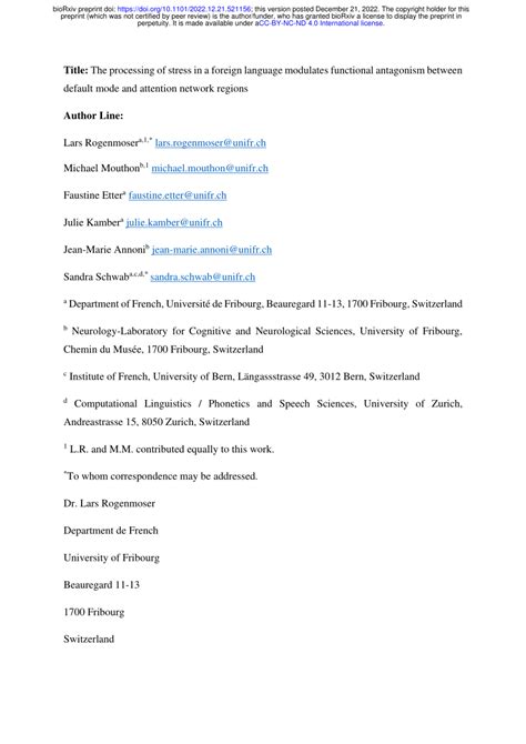 Pdf The Processing Of Stress In A Foreign Language Modulates Functional Antagonism Between