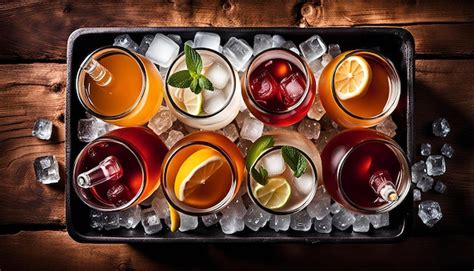 Overhead Shot Of Assorted Cold Drinks On Ice In A Rustic Cooler