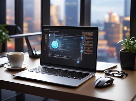 Premium Ai Image Software Development Concept Laptop With Open Screen Hanging Over Desk