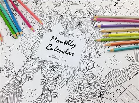 Windy Iris Monthly Coloring Calendar Coloring Page Calendar Etsy