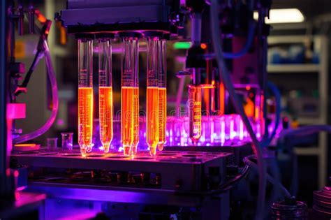 Innovative Lab With Glowing Vials And Automated Machines Conducting