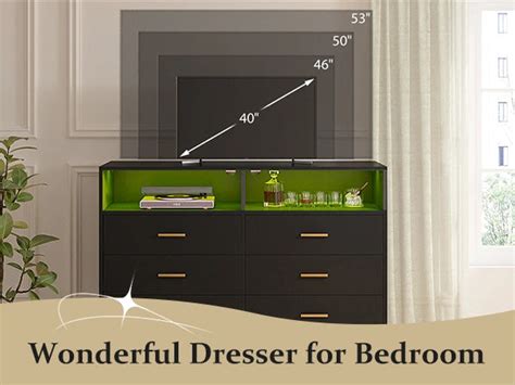 Enhomee 47w Double Black Wooden Dresser With Led Lights And 6 Drawers