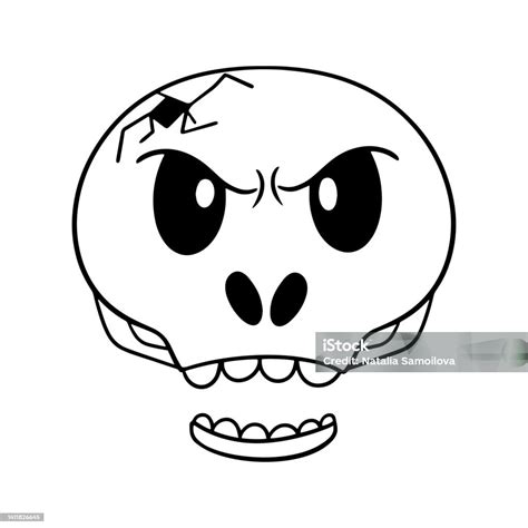 흑백 그림 균열이있는 화난 두개골 만화 스타일의 벡터 일러스트 레이 션 두개골에 대한 스톡 벡터 아트 및 기타 이미지 두개골