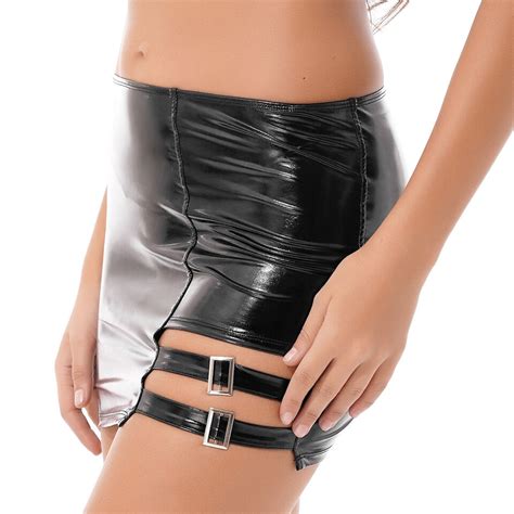 Womens Shiny Metallic Patent Leather Skirt Invisible Zipper A Line Mini