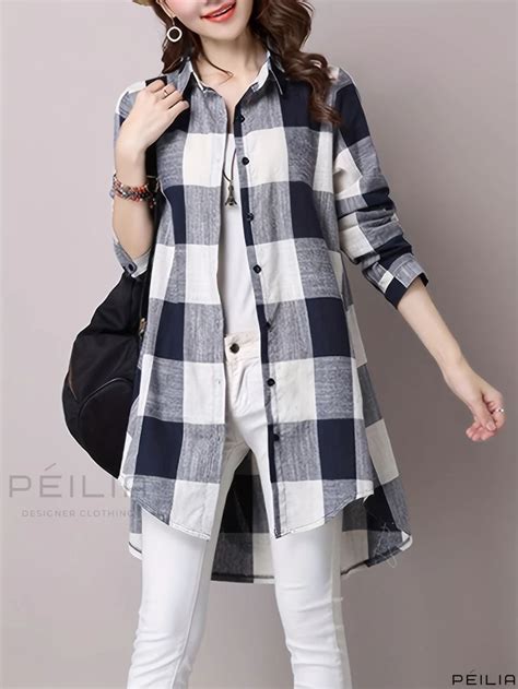 Peilia Womens Plaid Dipped Hem Shirt With Turn Down Collar And Long