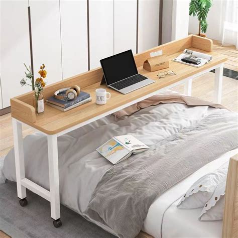 Youlite Double Computer Table Mobile Cross Bed Table With Wheels Wooden