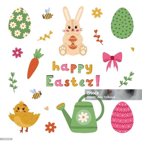 푹신푹신한 앉아있는 토끼 병아리 흔들 날개 장식 물뿌리개 활 글자와 함께 그려진 달걀 사랑스러운 만화 부활절 세트 행복한 부활절 달걀 사냥 클립 아트 팩은 흰색 배경에