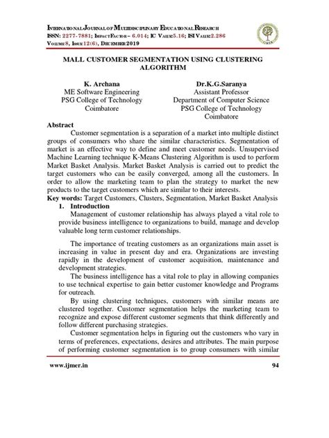 Mall Customer Segmentation Using Cluster Pdf Cluster Analysis Image Segmentation