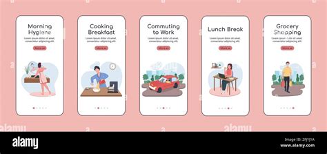 Daily Routine Onboarding Mobile App Screen Flat Vector Template Stock