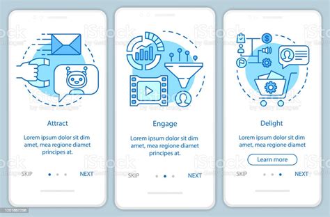 고객을 위한 인바운드 마케팅 방법 블루 온보딩 모바일 앱 페이지 화면 벡터 템플릿 매력 선형 일러스트레이션이 있는 웹 사이트 연습 단계입니다 Ux Ui Gui 스마트폰
