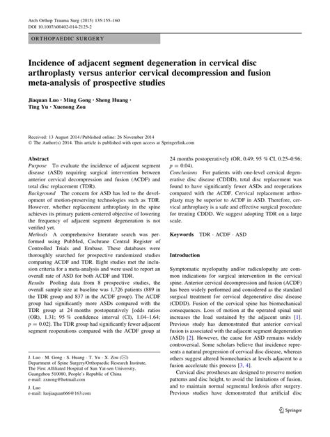 Pdf Incidence Of Adjacent Segment Degeneration In Cervical Disc