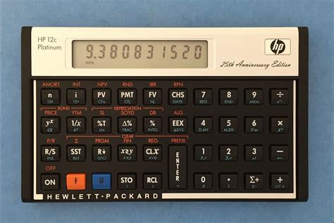HP 12c Platinum 25th Anniv Ed, front, power on, on blue ba… | Flickr