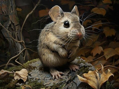 A Mouse Is Sitting On A Log With Leaves And A Tree Branch Premium Ai Generated Image