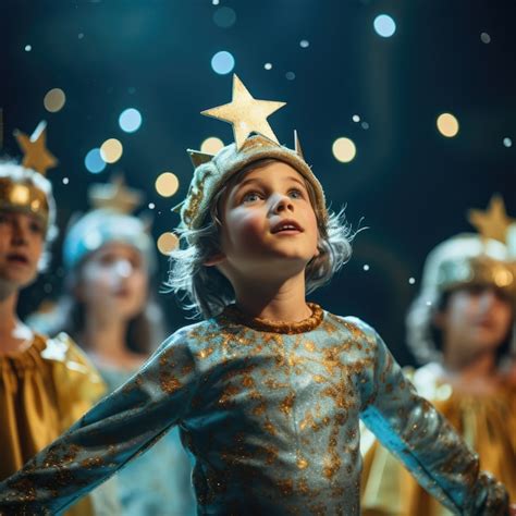 Niños realizando una obra de teatro en el escenario para celebrar el