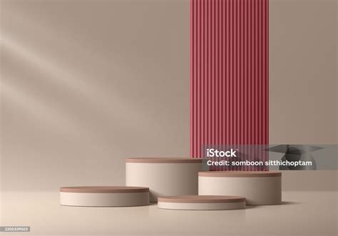 빨간색 적갈색 배경이 있는 베이지색 3d 원통형 연단 배경 스튜디오 벽 장면 미니멀리스트 모형 받침대 추상적인 대 제품 전시 프리젠테이션 쇼케이스를 위한 무대 벡터 플랫폼