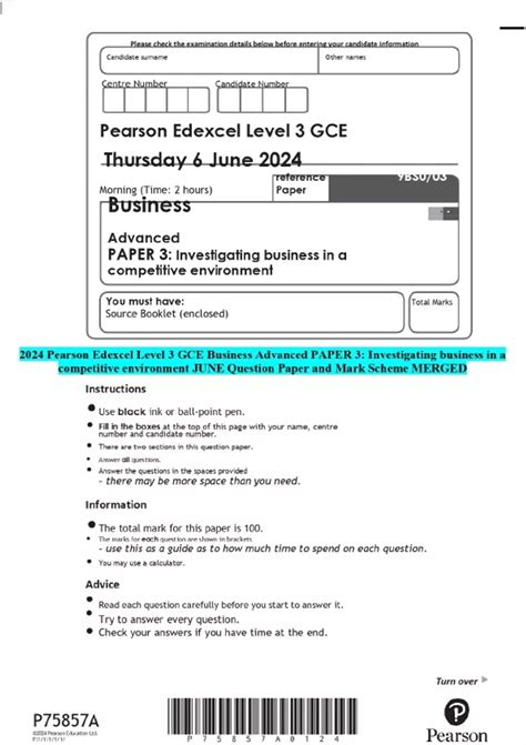 2024 Pearson Edexcel Level 3 Gce Business Advanced Paper 3 Investigating Business In A