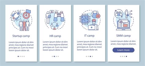Startup Company Camps Onboarding Mobile App Page Screen With Linear Concepts Team Building Hr