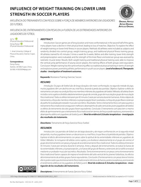 Pdf Influence Of Weight Training On Lower Limb Strength In Soccer Players
