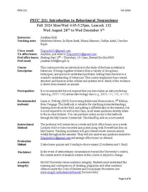 PSYC211 2024 Syllabus Copy PSYC 211 Introduction To Behavioural