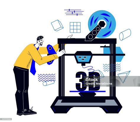 남자는 흰색으로 분리된 3d 프린터 평면 벡터 삽화에 인쇄합니다 인포그래픽에 대한 스톡 벡터 아트 및 기타 이미지 인포그래픽 컴퓨터 프린터 3차원 인쇄 Istock
