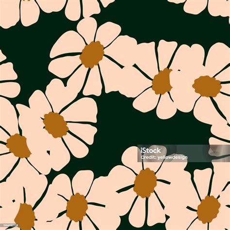 レトロなグルーヴィーな花のシームレスな模様ビンテージ花柄の背景抽象的な様式化された植物の壁紙 いたずら書きのベクターアート素材や画像を多数